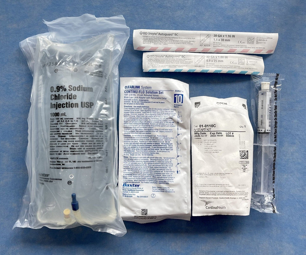 IV Fluid Kit with 1000mL or 500mL Bag of Normal Saline (0.9% Sodium Ch ...